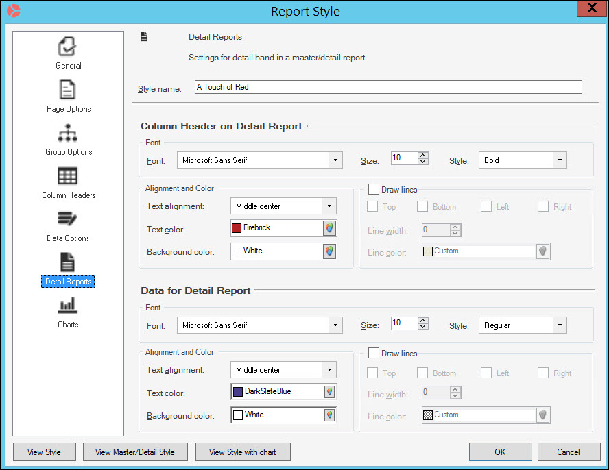 Define Detail Report Options for Report Styles