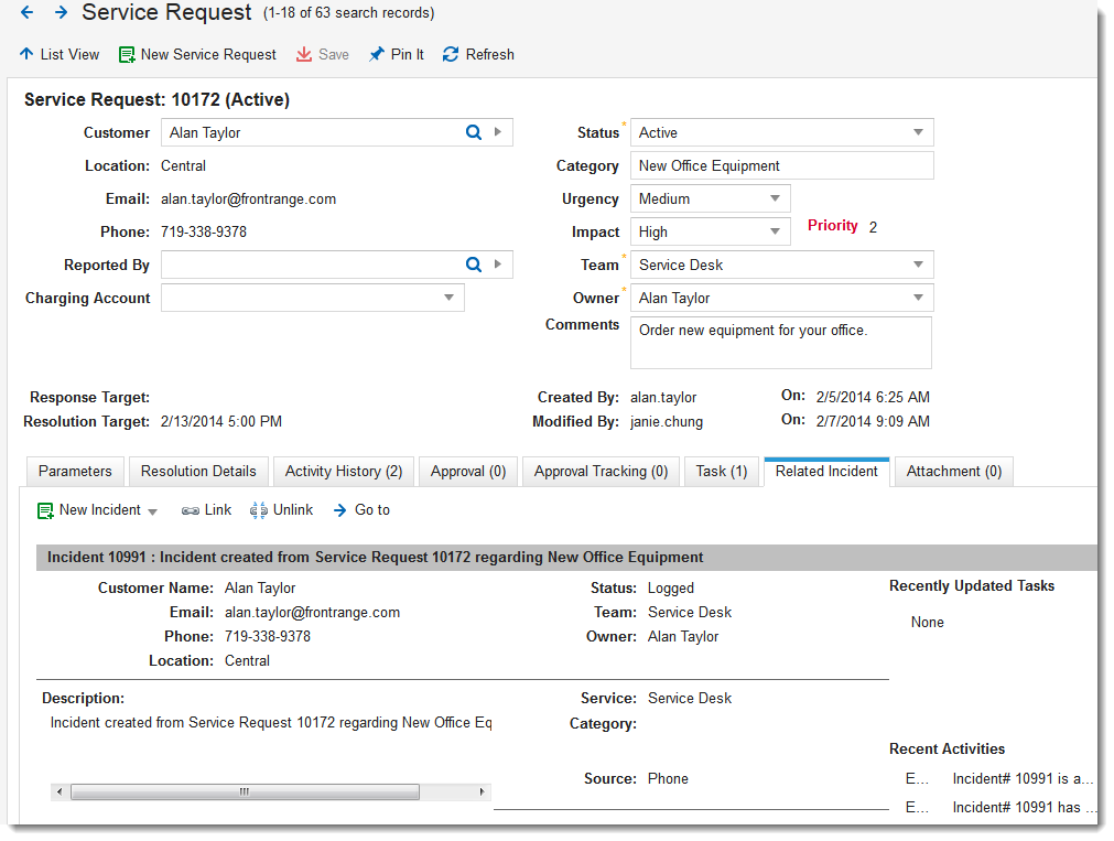 Creating a Service Request