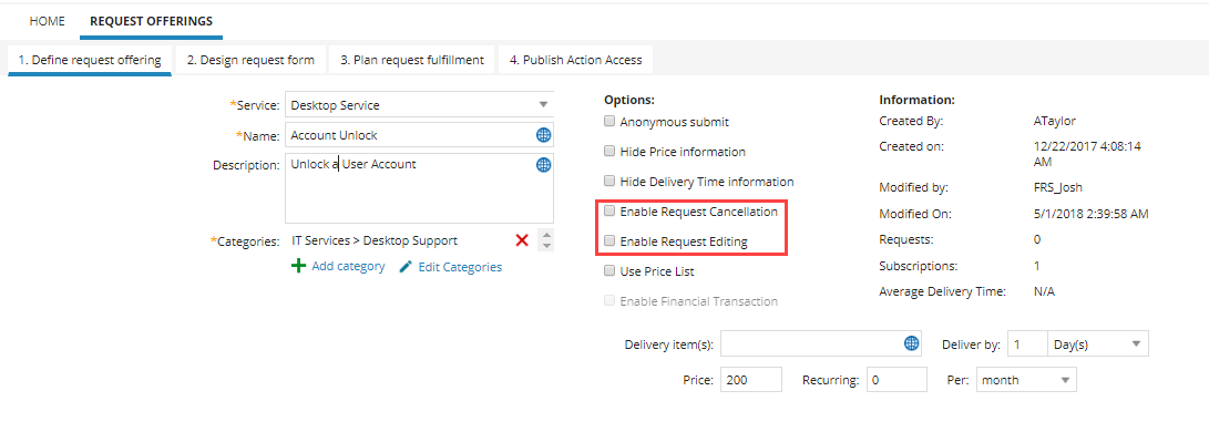 Configuring Editable and Cancellable Service Requests