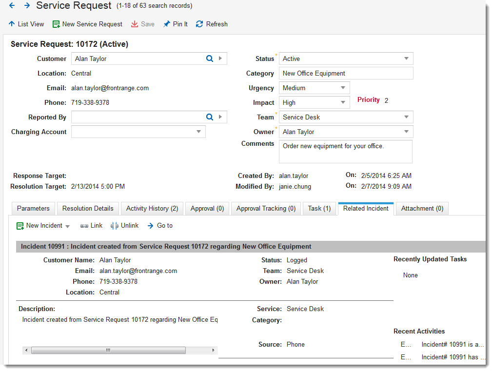 Creating a Service Request