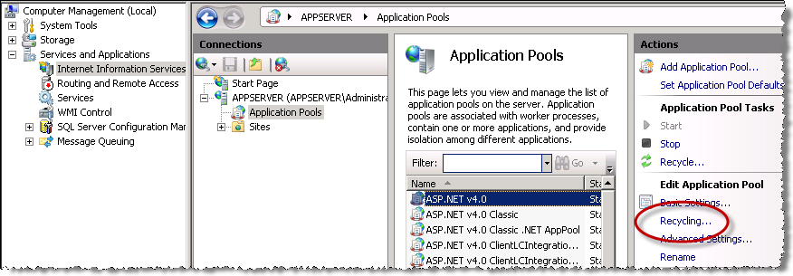 Configuring the Application Pool Recycling Schedule