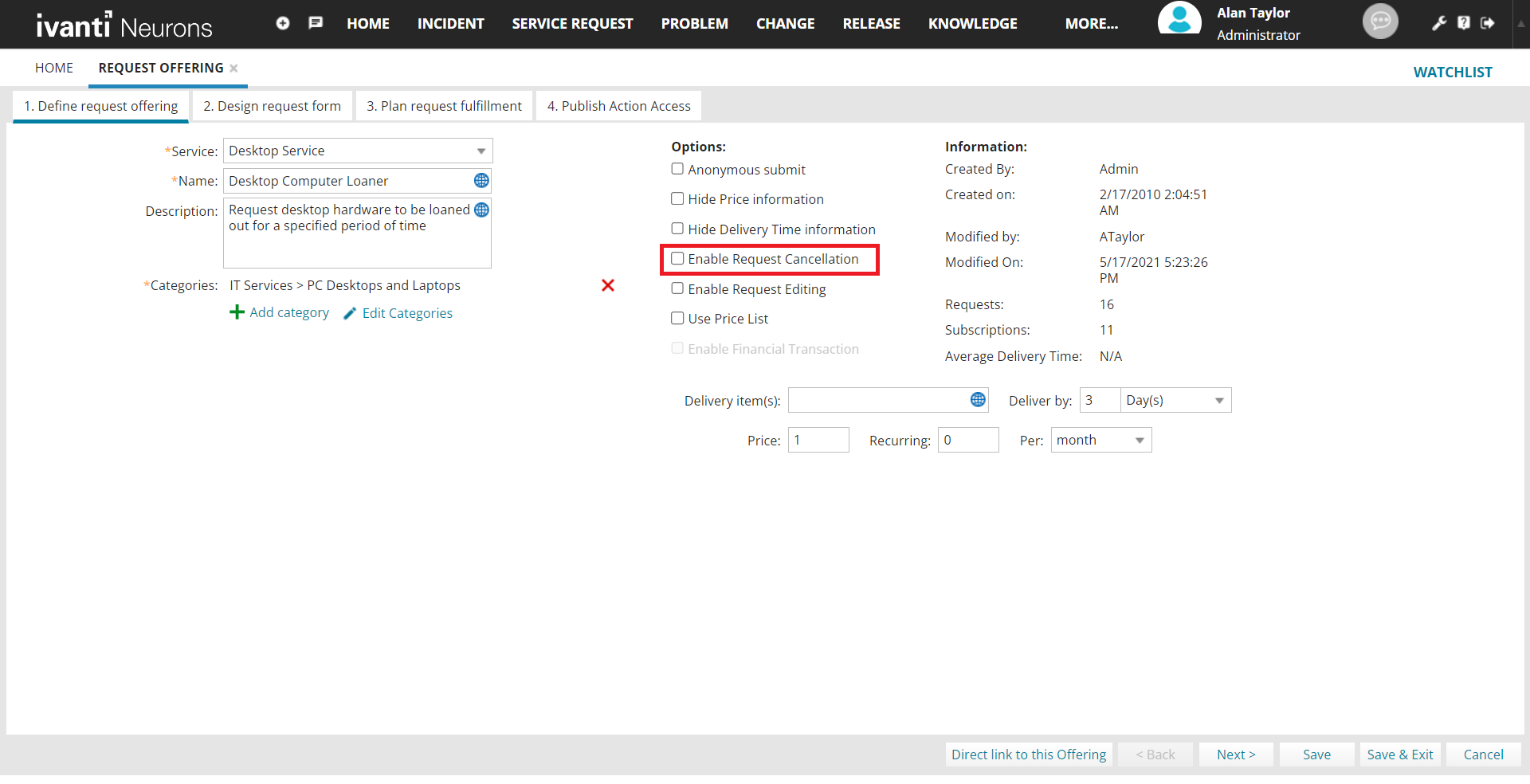 Enabling Cancellation option for Request Offerings