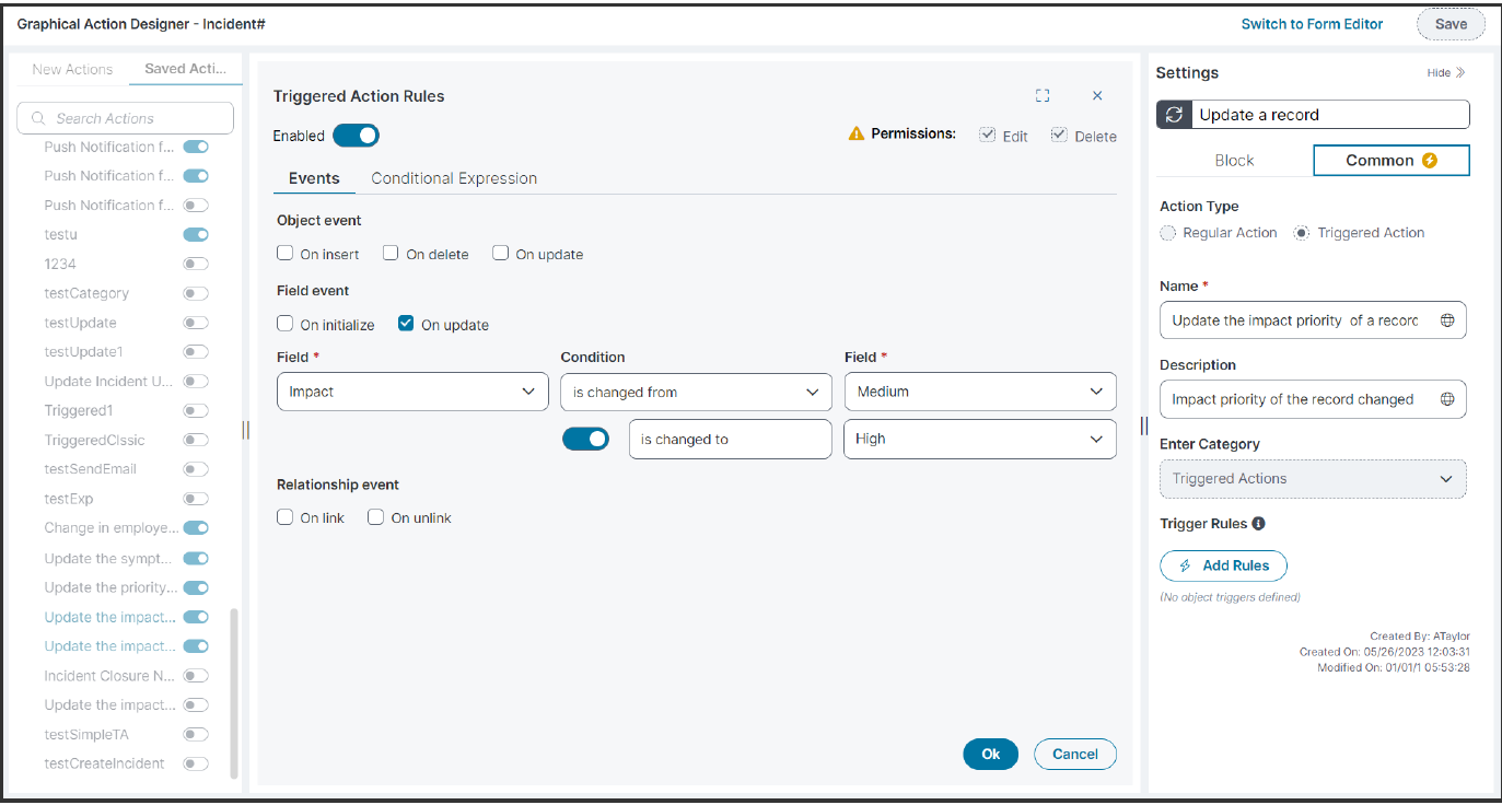 Example: Creating Triggered Action Business Rule to update a record
