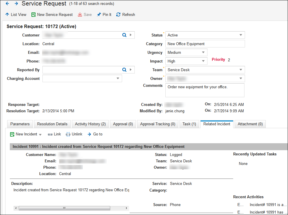 Creating a Service Request