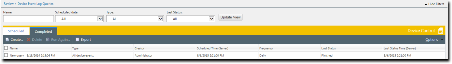 The Device Event Log Queries Page The Device Event Log Queries Page