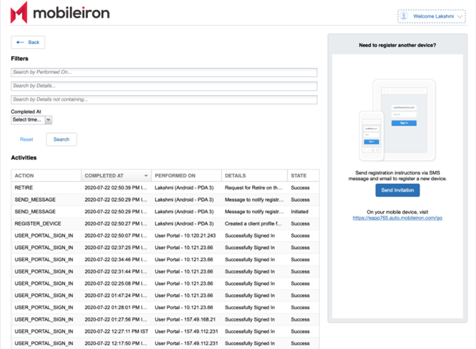 Viewing device history logs from the self-service user portal
