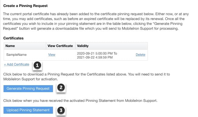 Cert pinning for in-app registrations for iOS and Android devices