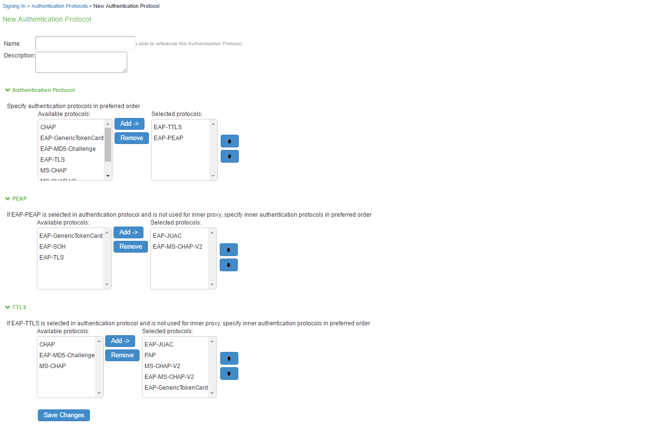 Configuring Authentication Protocol sets for Guest Access