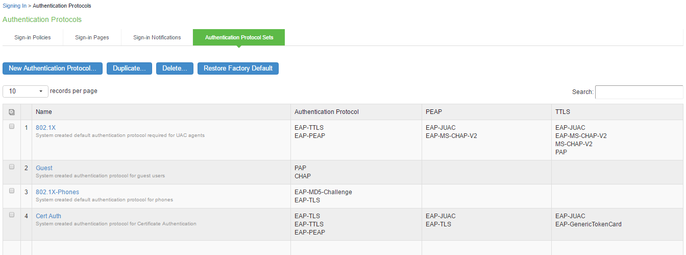 Configuring Authentication Protocol sets for Guest Access