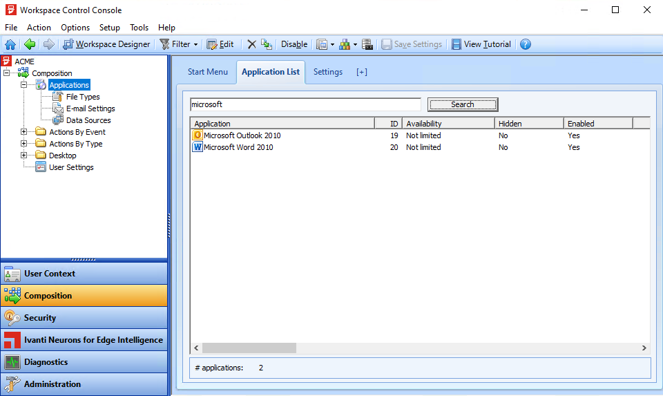 Application List tab